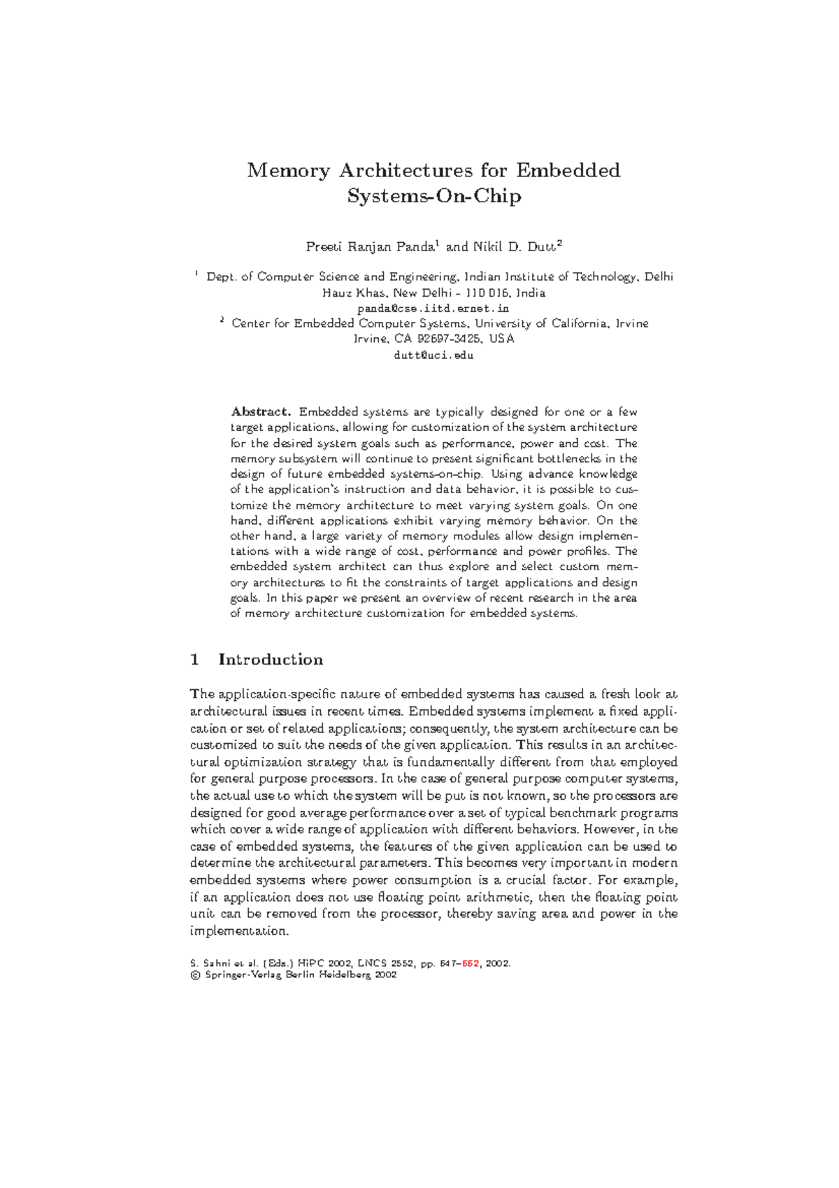 Bc12-hipc02-panda - Yyyy - Memory Architectures for Embedded Systems-On ...