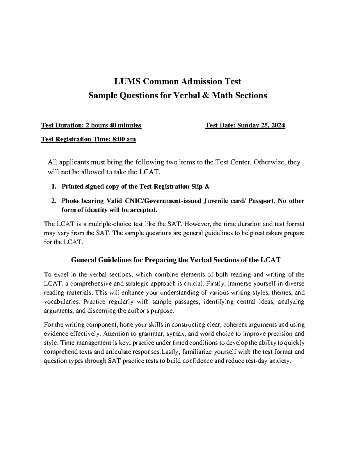 Sample lcat questions 2024 - LUMS Common Admission Test Sample ...