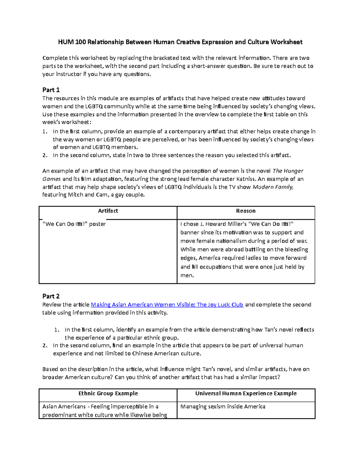 7-3 worksheet - HUM 100 Relationship Between Human Creative Expression ...