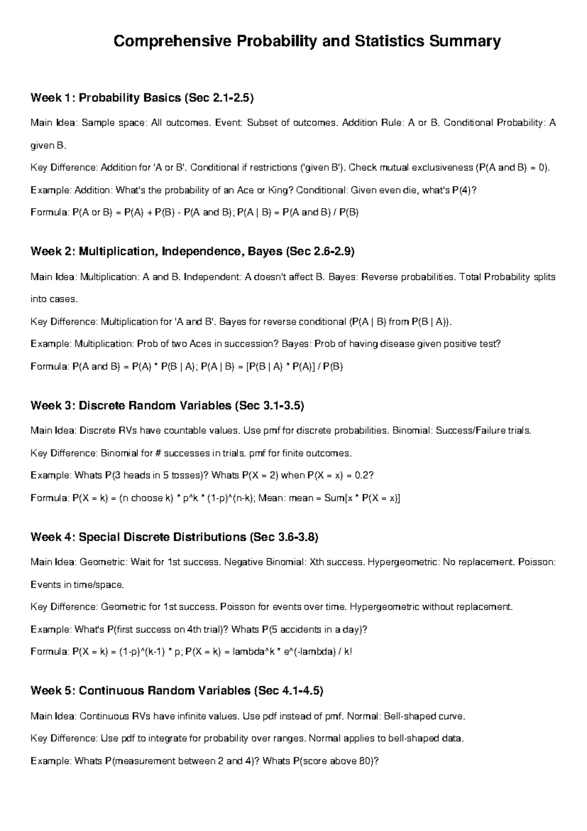 Comprehensive Probability Statistics Summary for midterm 1 - Comprehensive Probability and - Studocu