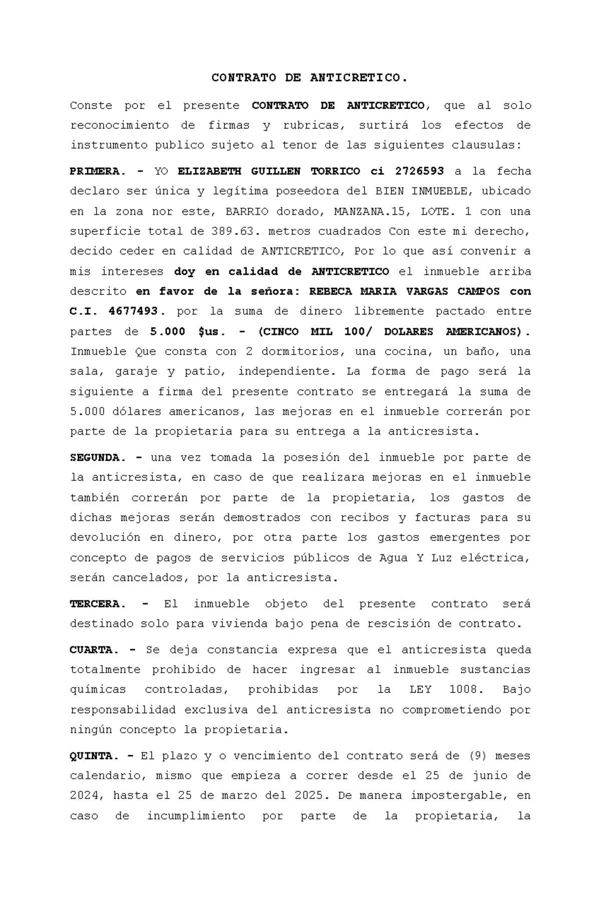 contrato de Anticretico - CONTRATO DE ANTICRETICO. Conste por el ...