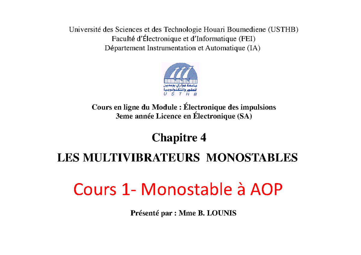 Chap4 cours 1 Monostable a AOP - Chapitre 4 LES MULTIVIBRATEURS MONOSTABLES Université des ...
