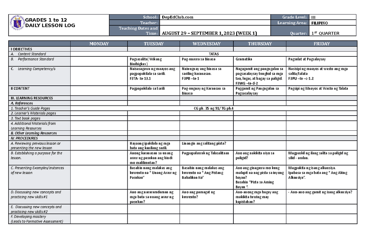 DLL Filipino 3 Q1 W1 - FIRST QUARTER WEEK1 - GRADES 1 to 12 DAILY LESSON LOG School: DepEdClub ...