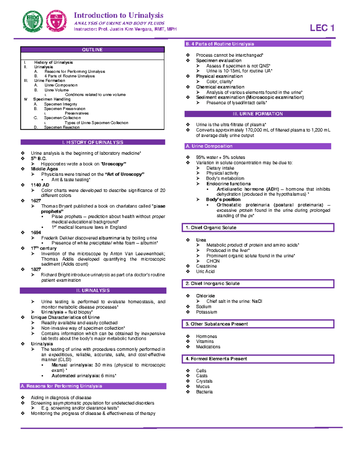 AUB F LEC Trans 1 - lecture - OUTLINE I. History of Urinalysis II ...