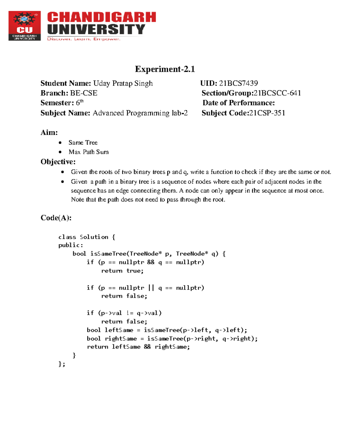Advance Programming 2.1 - Experiment-2. Student Name: Uday Pratap Singh UID: 21BCS Branch: BE ...