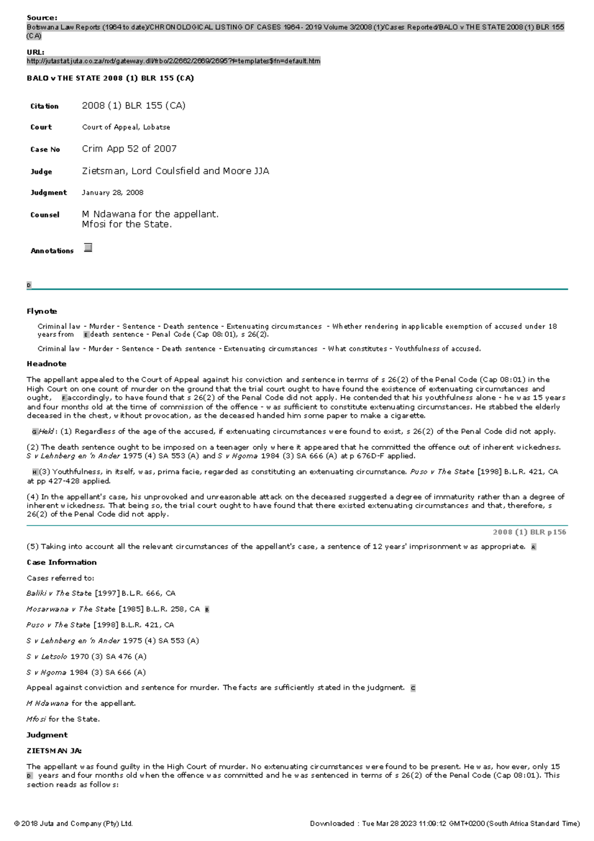 BALO v THE State 2008 (1) BLR 155 (CA) - Source: Botswana Law Reports ...