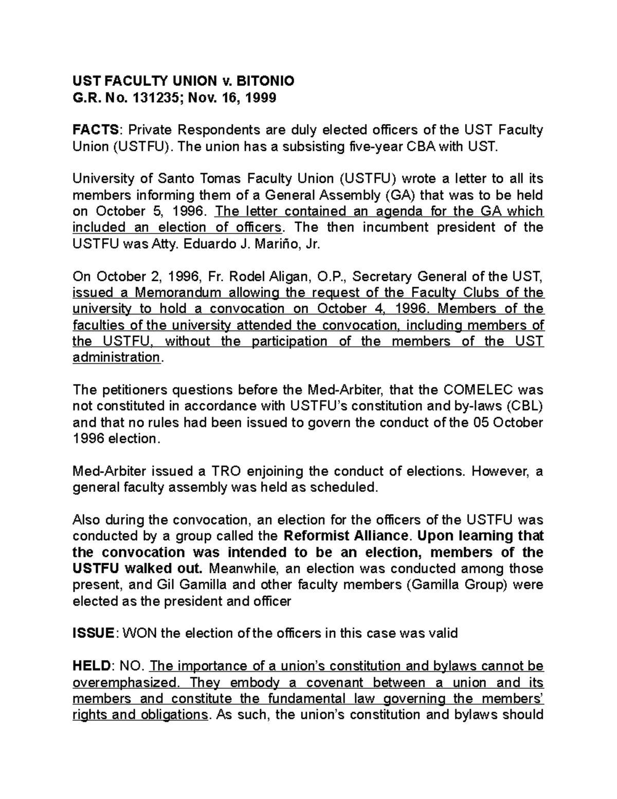 UST v Bitonio - digest labor - UST FACULTY UNION v. BITONIO G. No ...