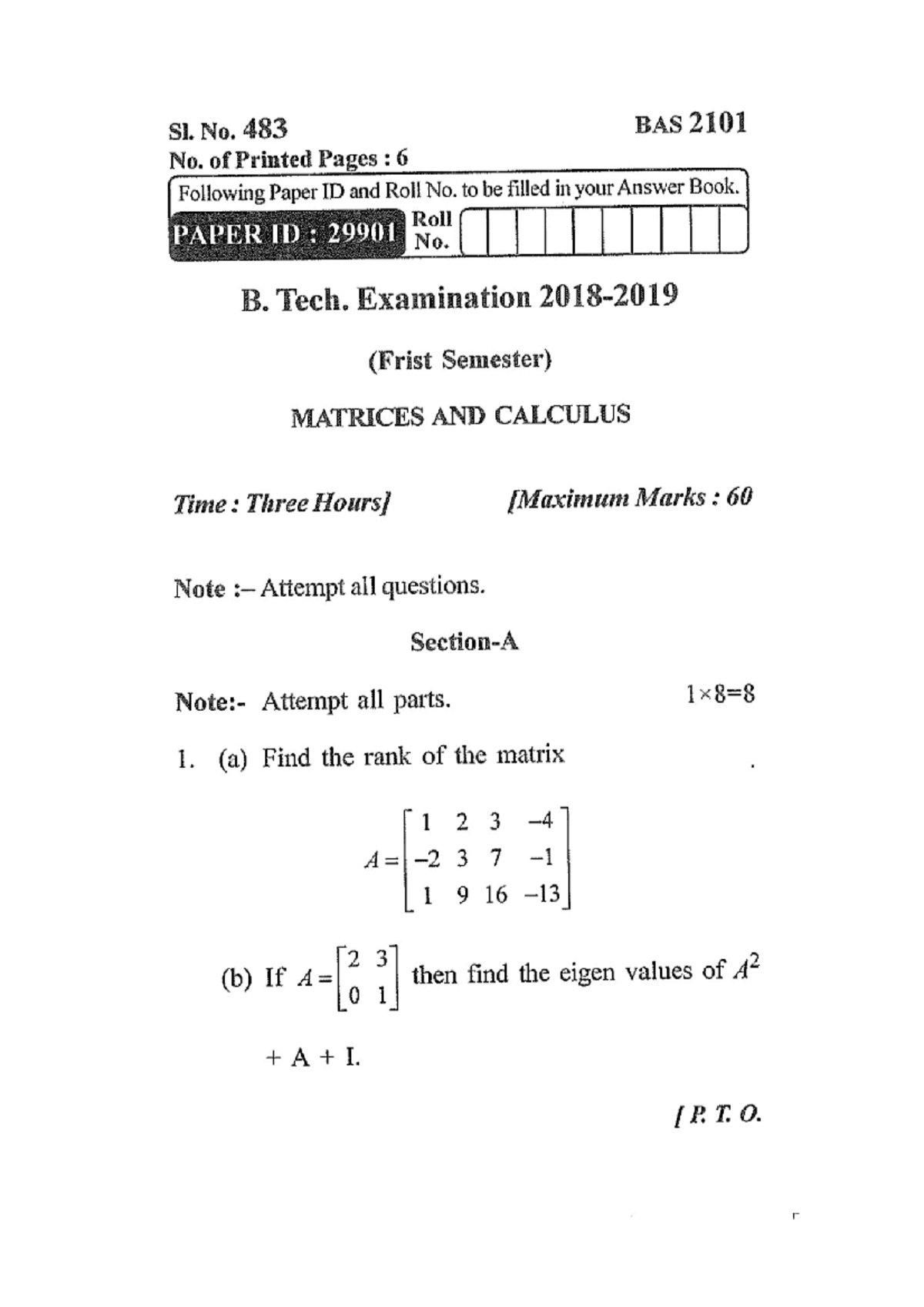 Question Paper (Matrices and Calculus) 2018-19 - Studocu