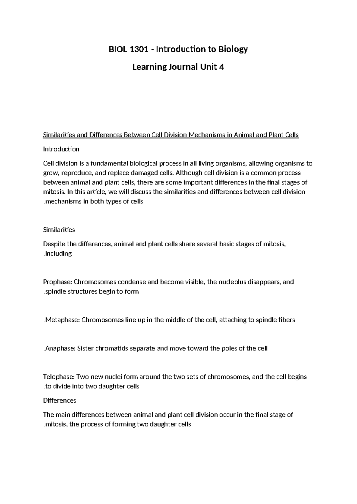 BIOL 1302 - Assignment Activity Unit 4 - BIOL 1301 - Introduction to ...