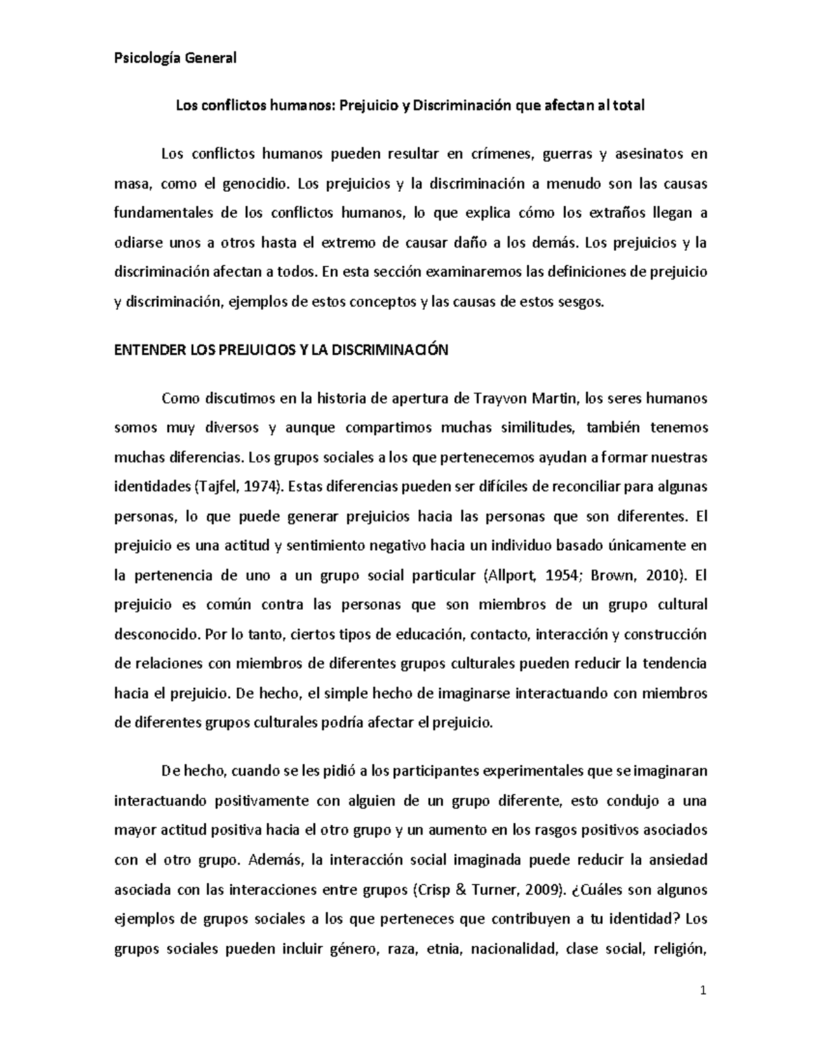 Psicología general - Los conflictos humanos - Prejuicio y ...