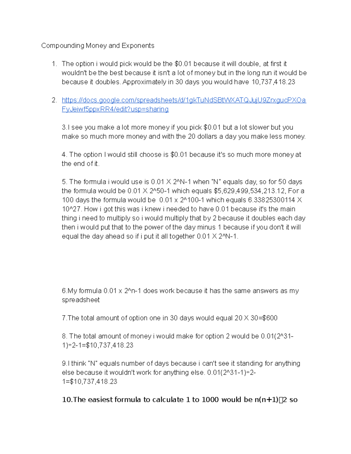 (math) Coumponding money and exponents project - Compounding Money and ...