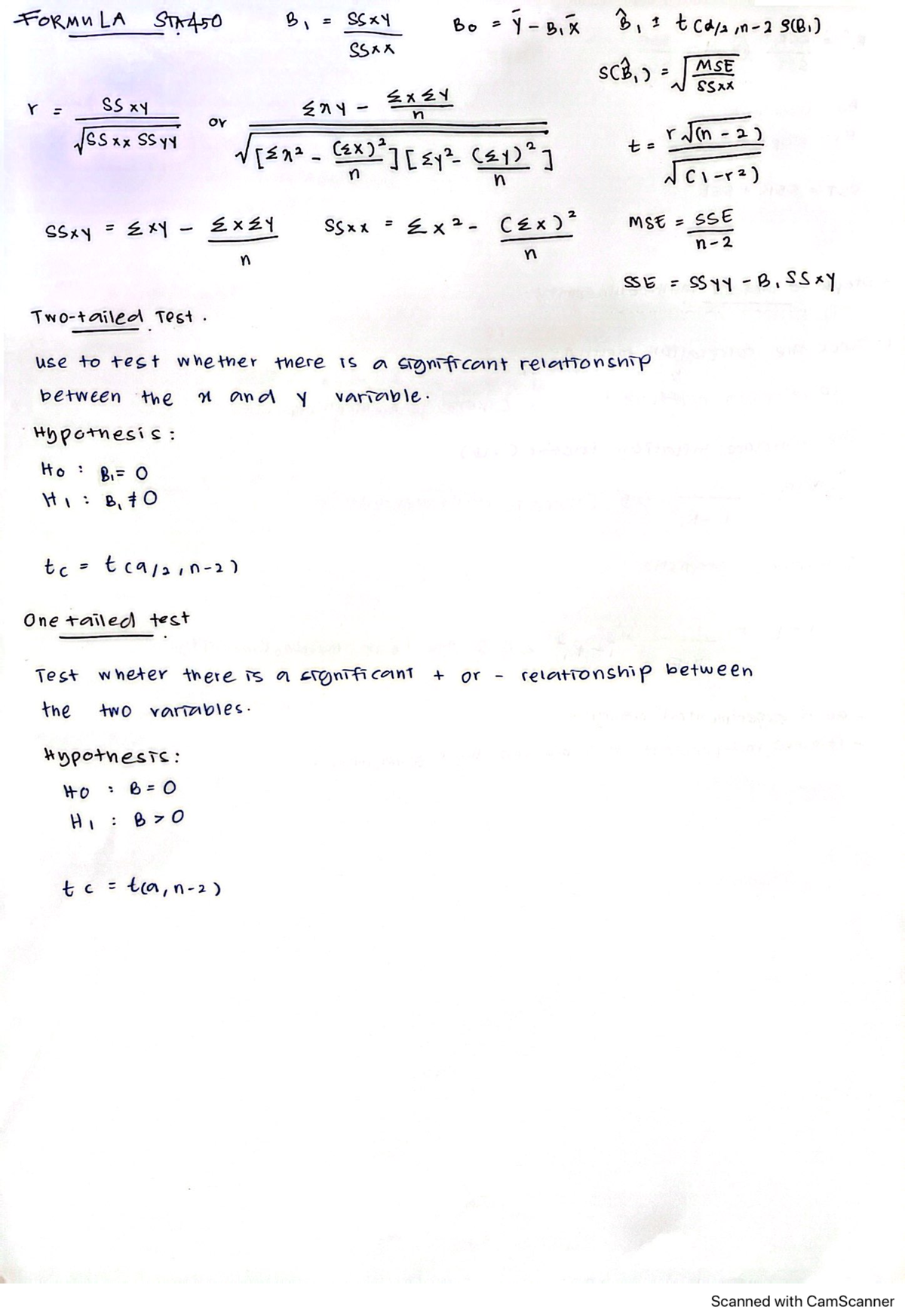 Sta450 summary - FORMULA STA450 B, SSXY Bo 3, I t S(B,) SSXX SCB, MSE ...