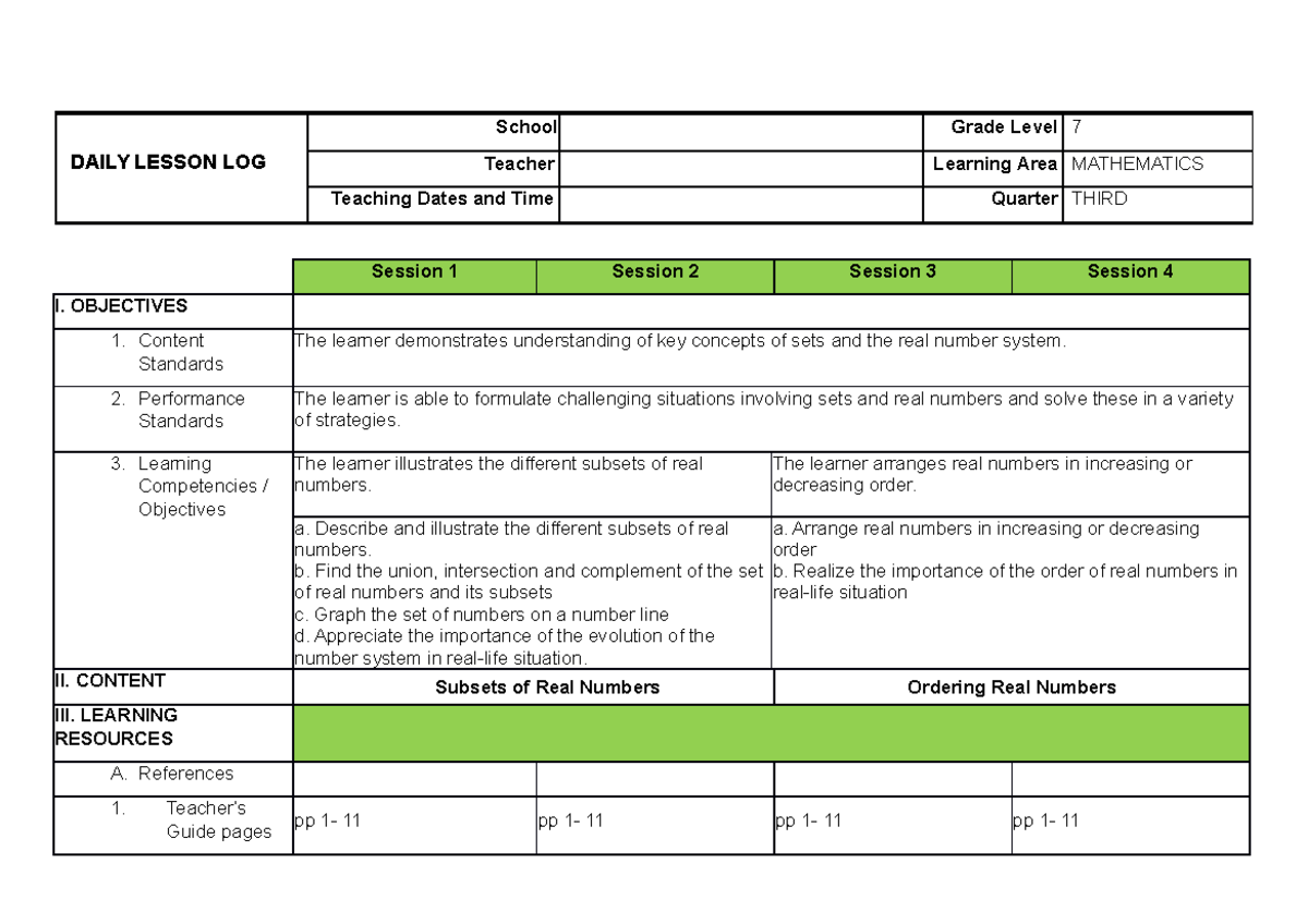 WEEK 8 - Daily Lesson Logs Grade 7 Math - DAILY LESSON LOG School Grade ...