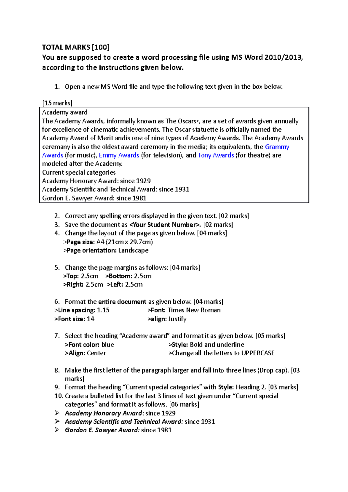 Prac test questions - TOTAL MARKS [100] You are supposed to create a ...