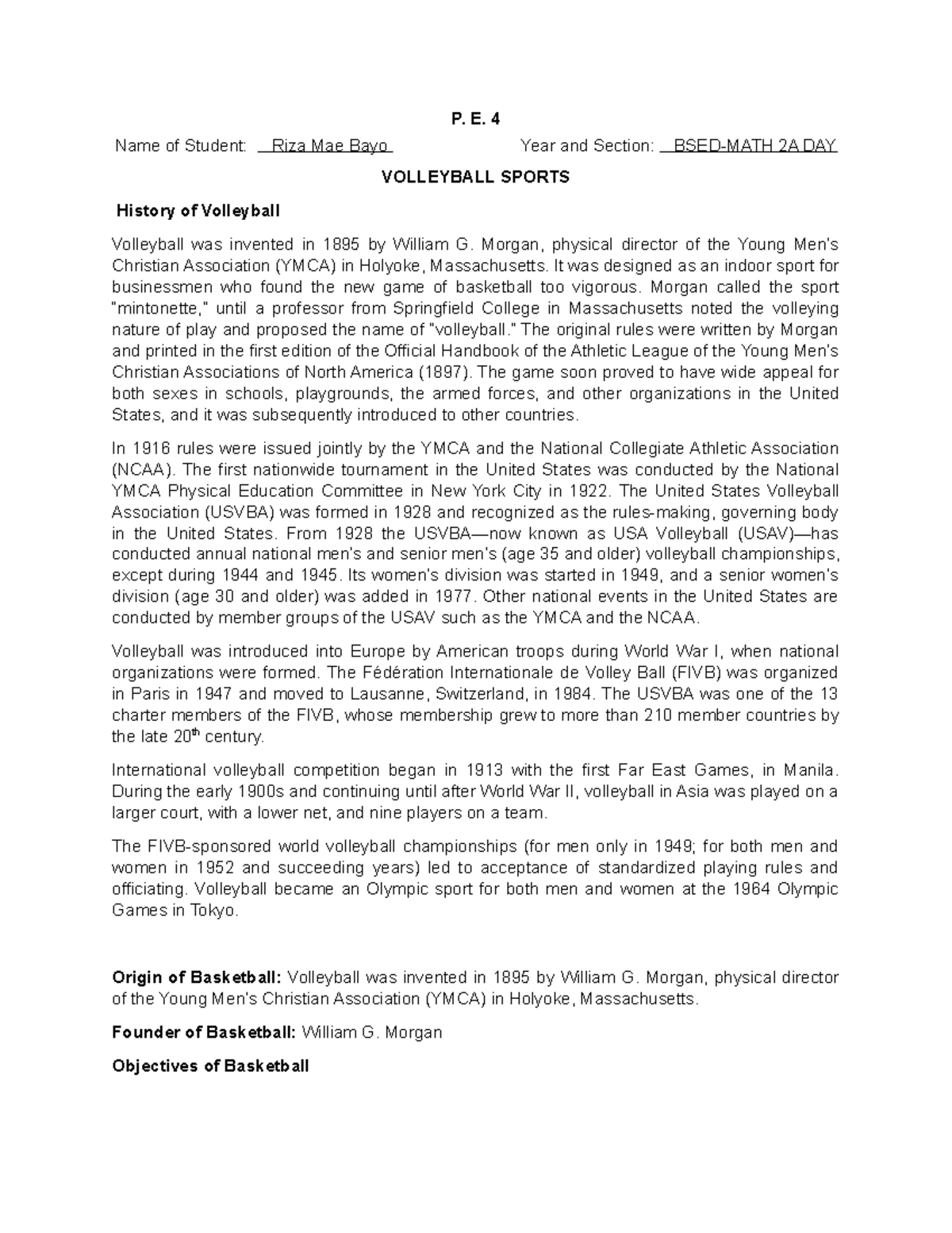 Volleyball Sports - A short summary - P. E. 4 Name of Student: Riza Mae ...