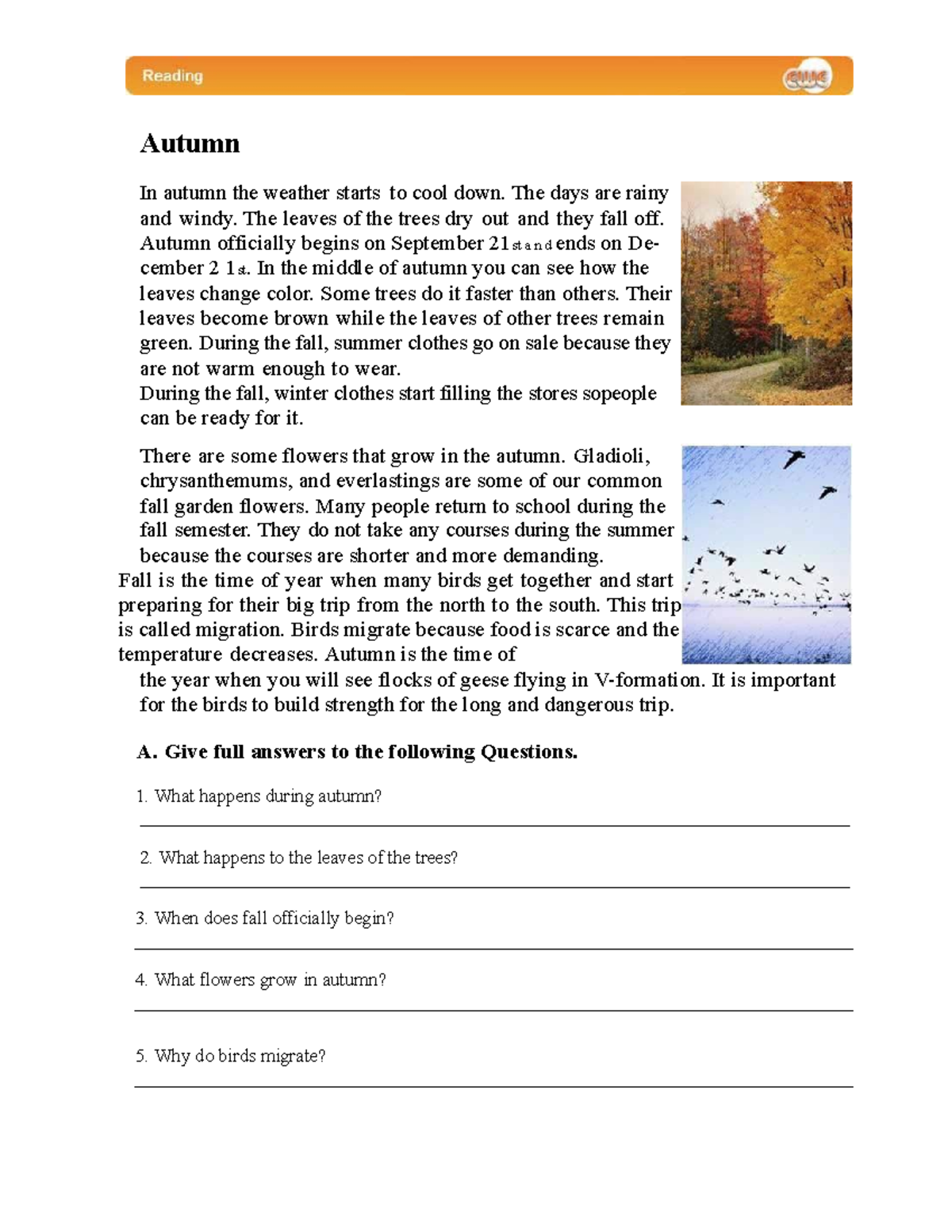 Reading FOR Rubric Practice 2 - Ingles I - Why do birds migrate? Autumn ...