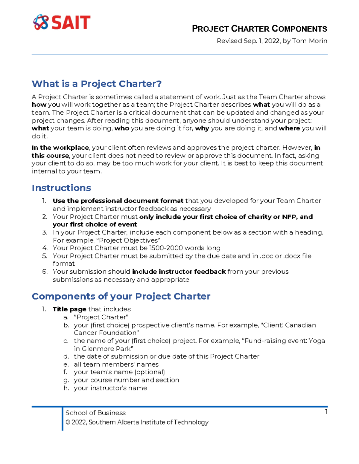 Project Charter Components - PROJECT CHARTER COMPONENTS Revised Sep. 1 ...