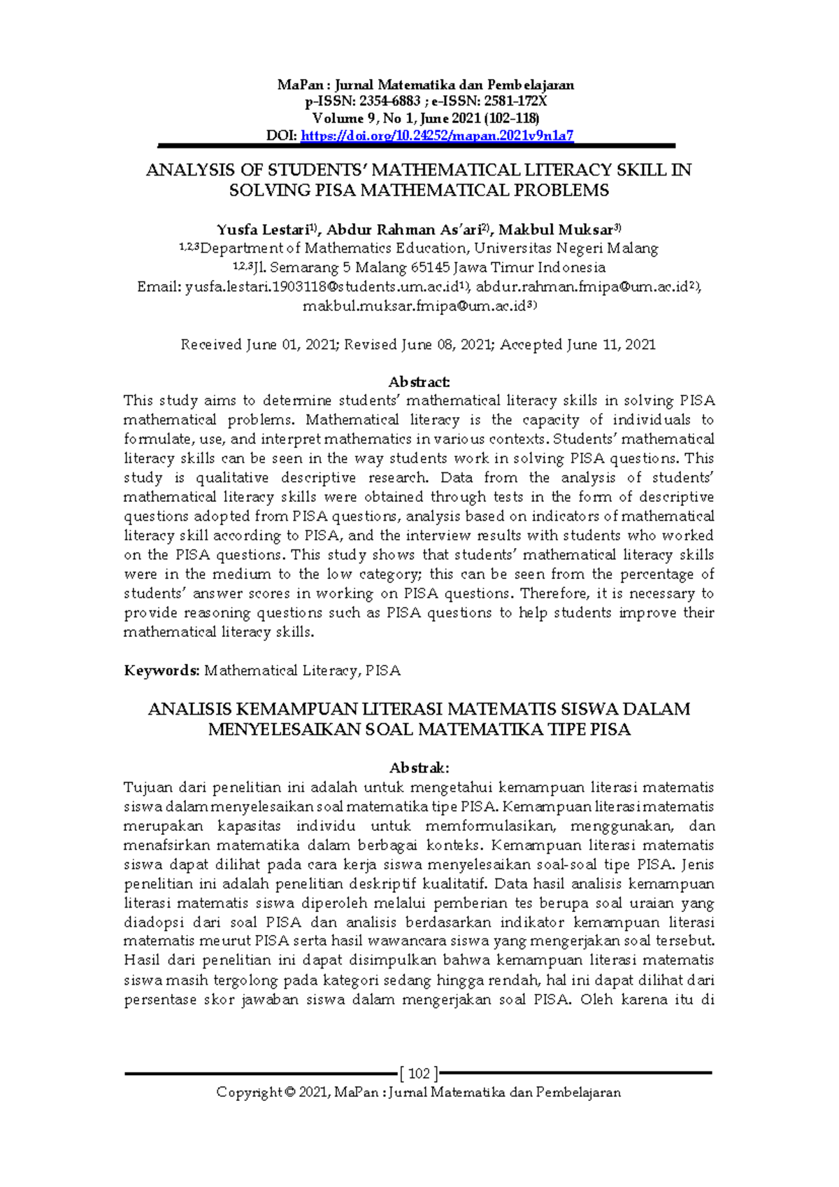 Analysis of Students Mathematical Litera - MaPan : Jurnal Matematika ...