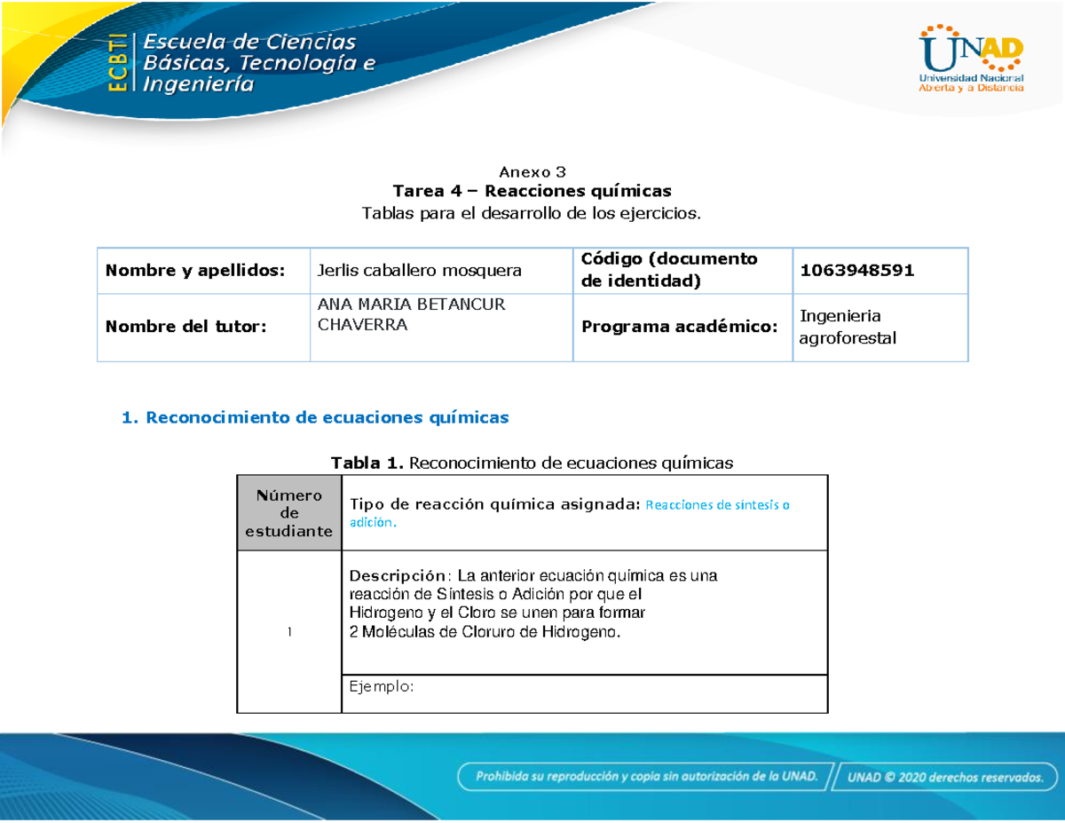 Anexo 3 quimica general jerlis caballero - Anexo 3 Tarea 4 – Reacciones químicas Tablas para el ...