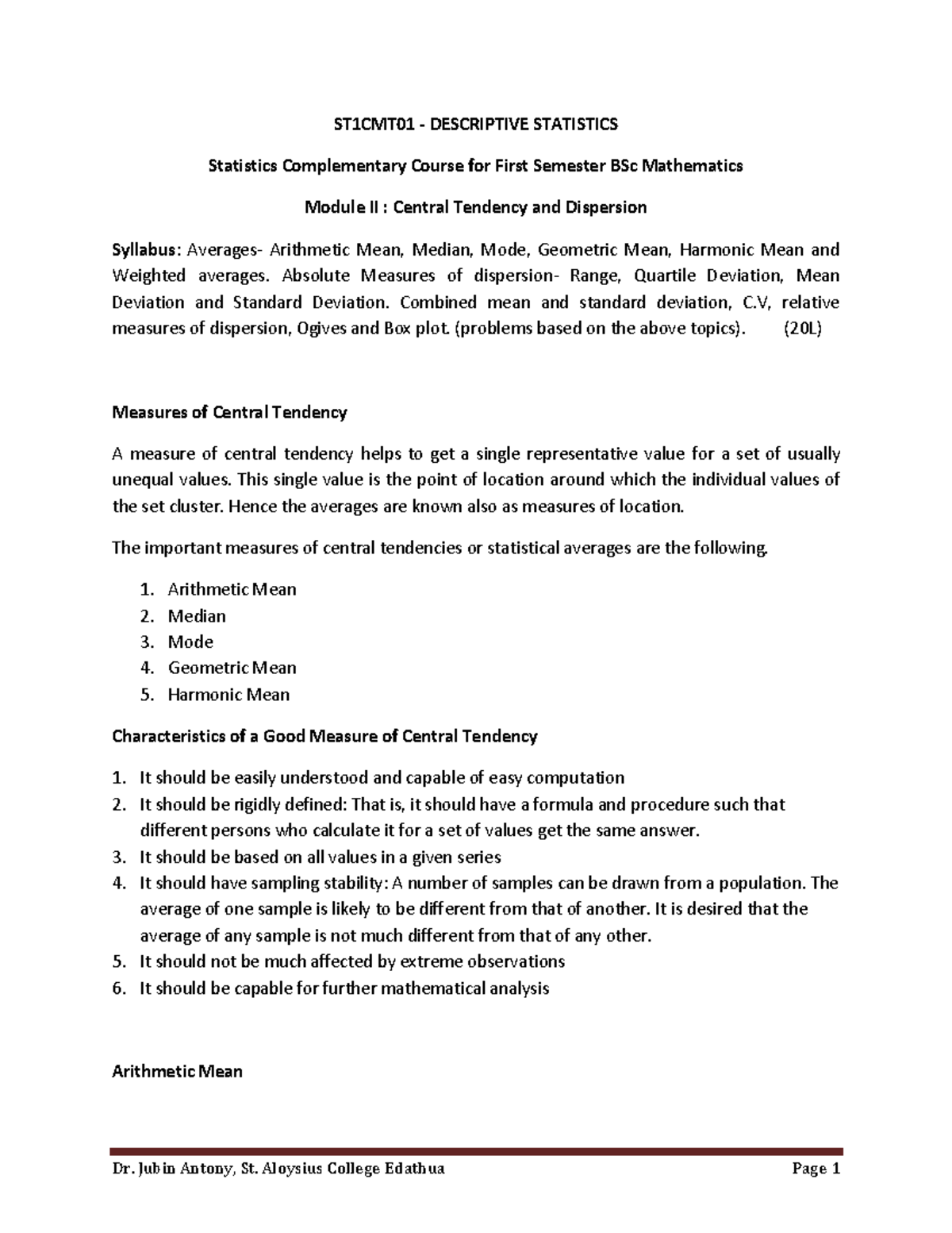 Notes M2 AM - ST1CMT01 - DESCRIPTIVE STATISTICS Statistics ...