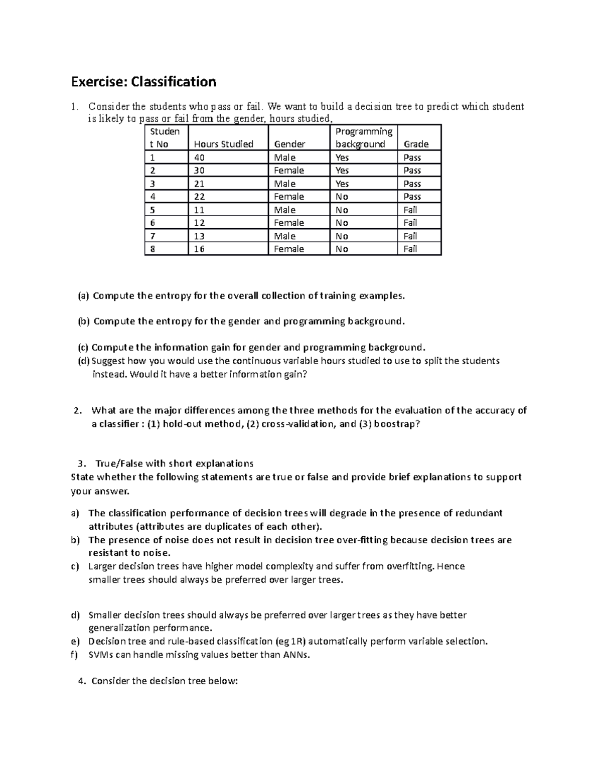 Exercise 5 - Classificaation - Exercise: Classification Consider the ...
