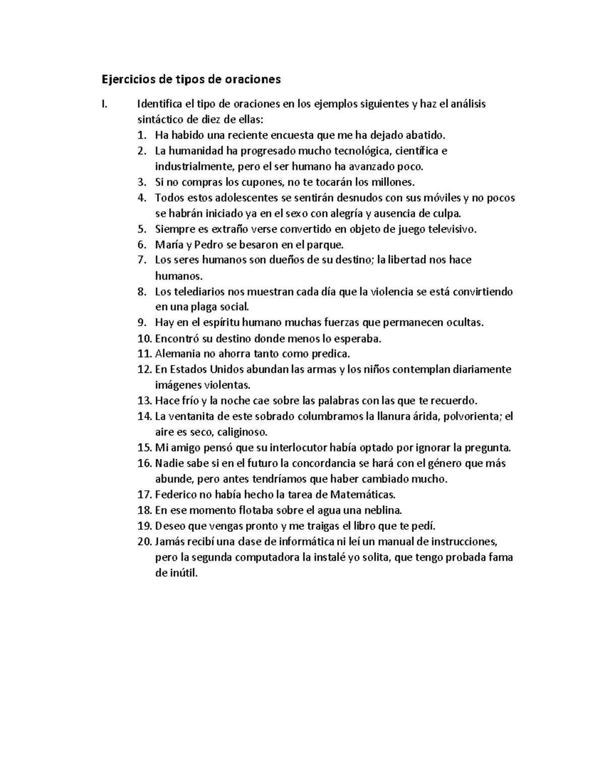 Ejercicios Tipos de oraciones - Ejercicios de tipos de oraciones I ...