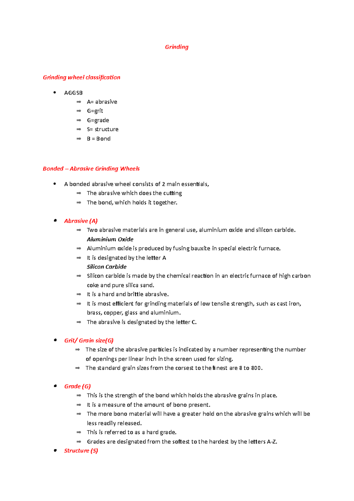 Grinding - Detailed notes from Lecturer Tony Kelly which include all ...