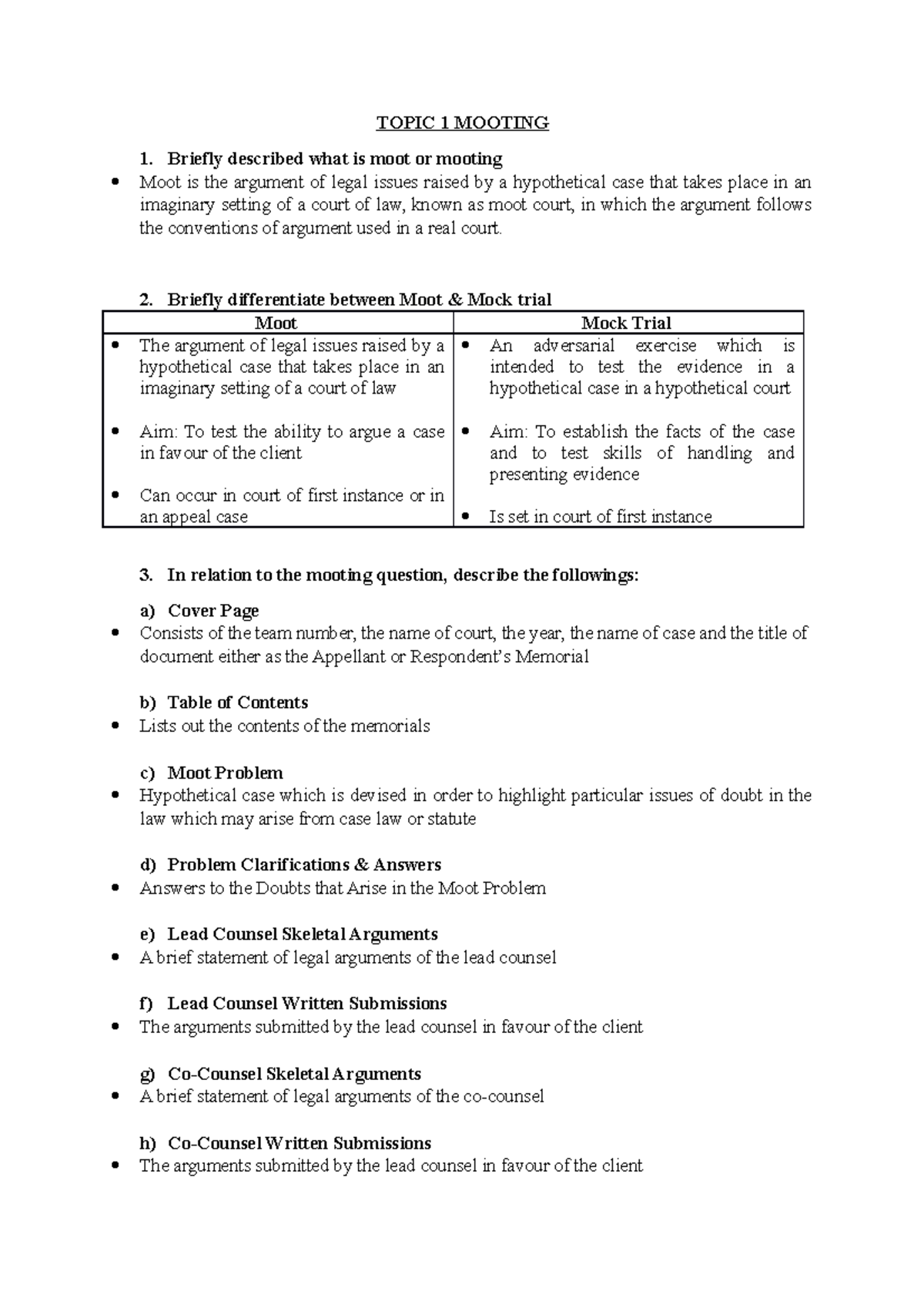 Tutorial (19) - TOPIC 1 MOOTING 1. Briefly described what is moot or ...
