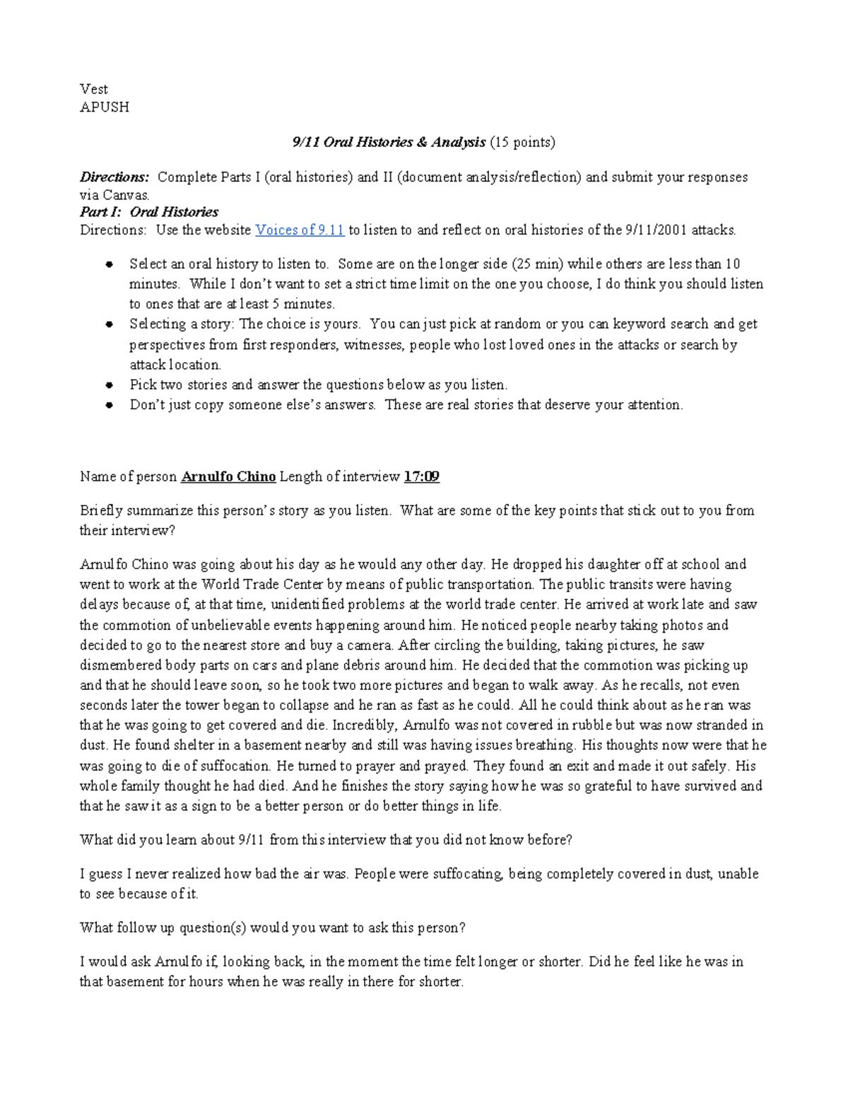11 Oral Histories & Analysis-1 - Vest APUSH 9/11 Oral Histories ...