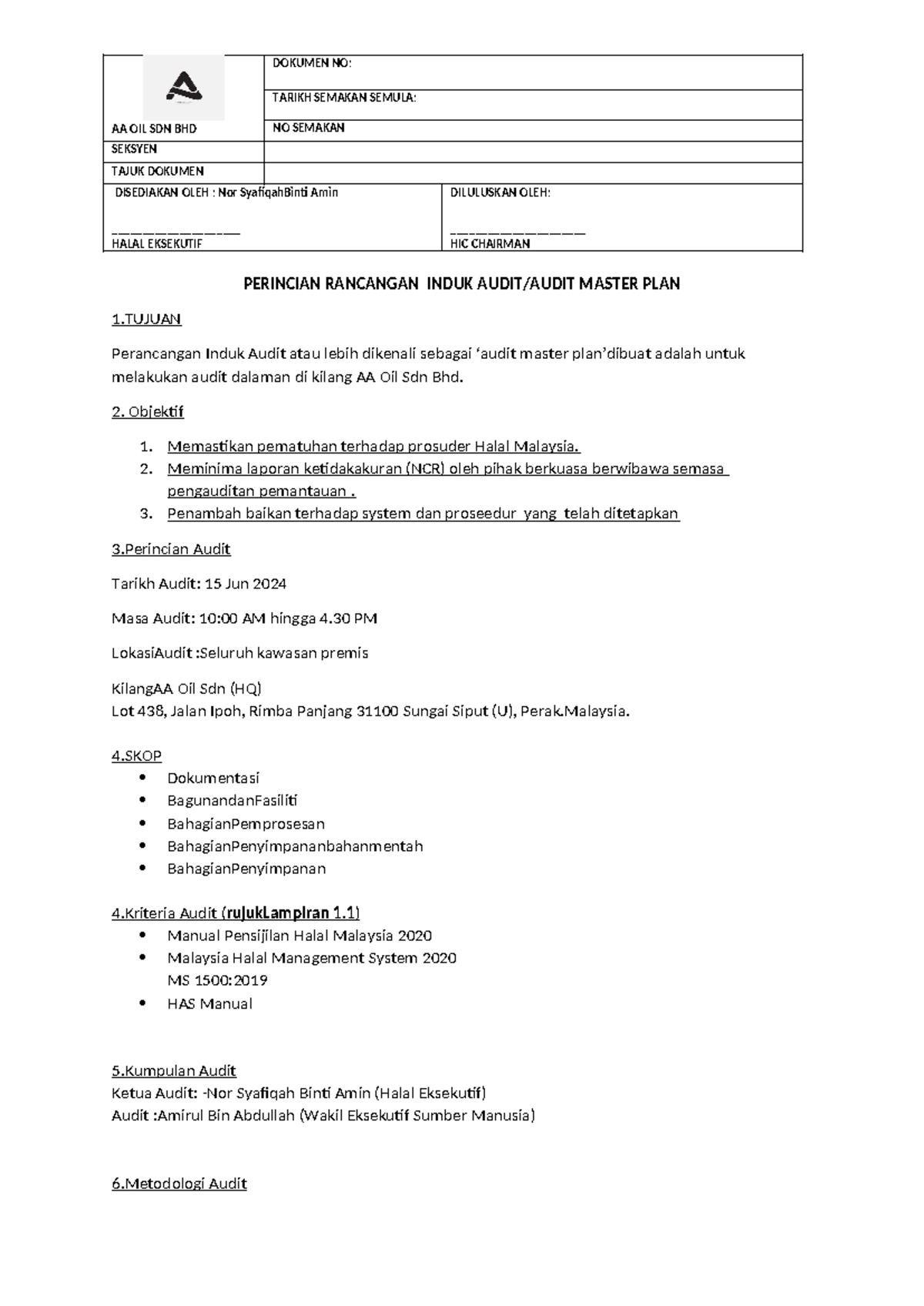 Audit CO5 - AA OIL SDN BHD TARIKH SEMAKAN SEMULA: NO SEMAKAN SEKSYEN TAJUK DOKUMEN DISEDIAKAN ...