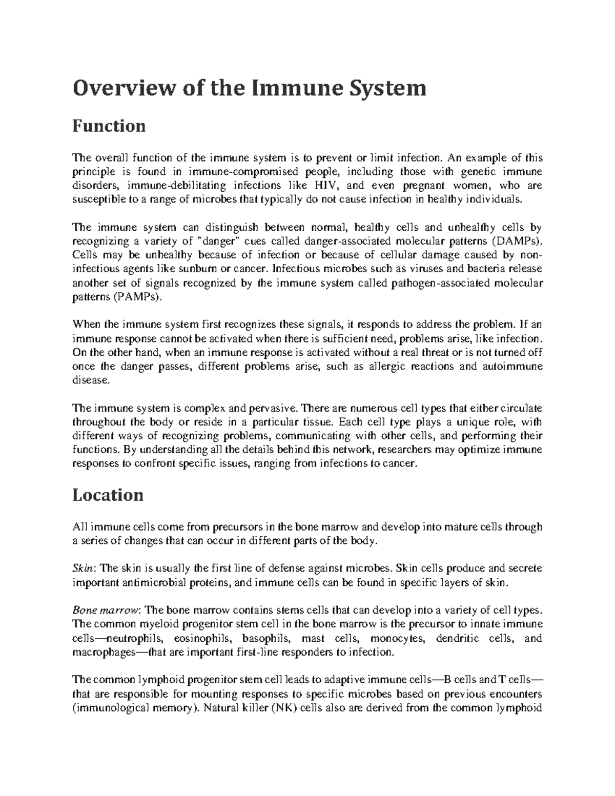Overview of the Immune System - Overview of the Immune System Function ...