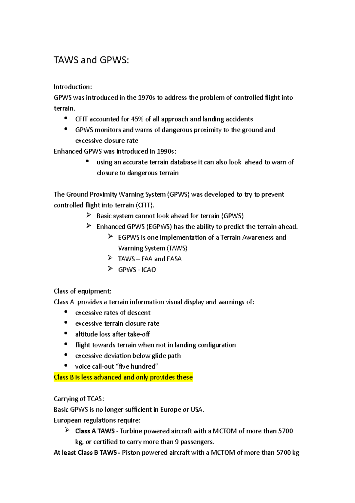 TAWS and GPWS - Notes for the subject - TAWS and GPWS: Introduction ...