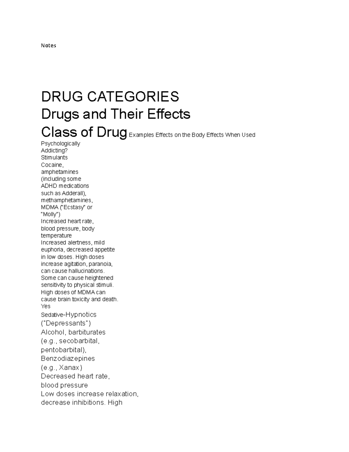 Document 114 - brain control - Notes DRUG CATEGORIES Drugs and Their ...