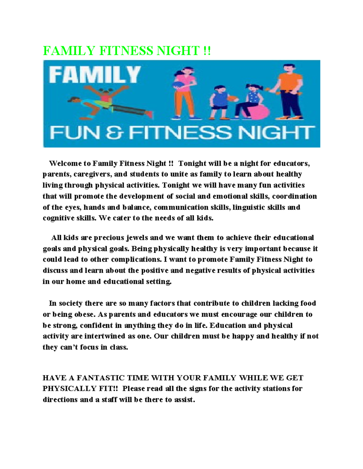 Family Fitness Night 2222 - FAMILY FITNESS NIGHT !! Welcome to Family ...