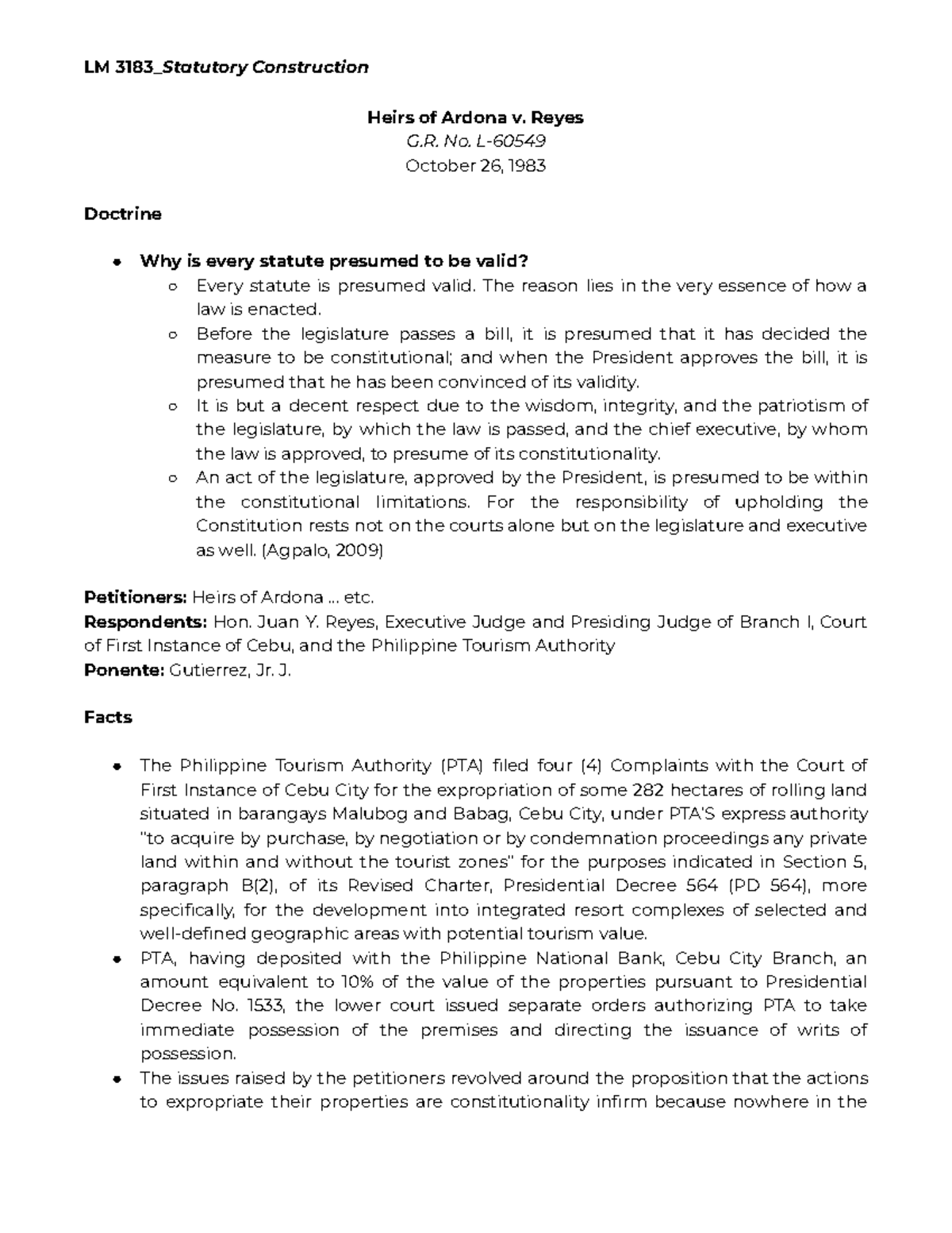 WEEK 3 CASE Digests - AB LegMa Statcon - Heirs of Ardona v. Reyes G. No ...