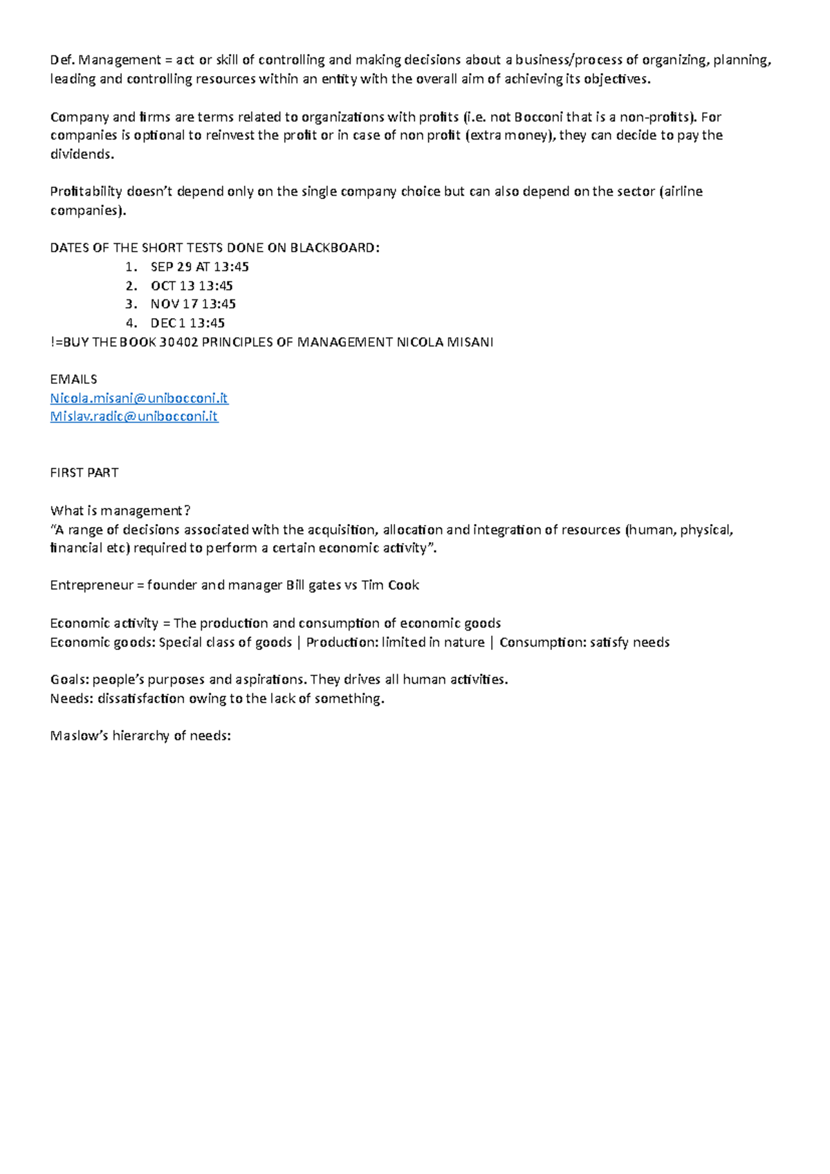 Notes - Def. Management = act or skill of controlling and making ...