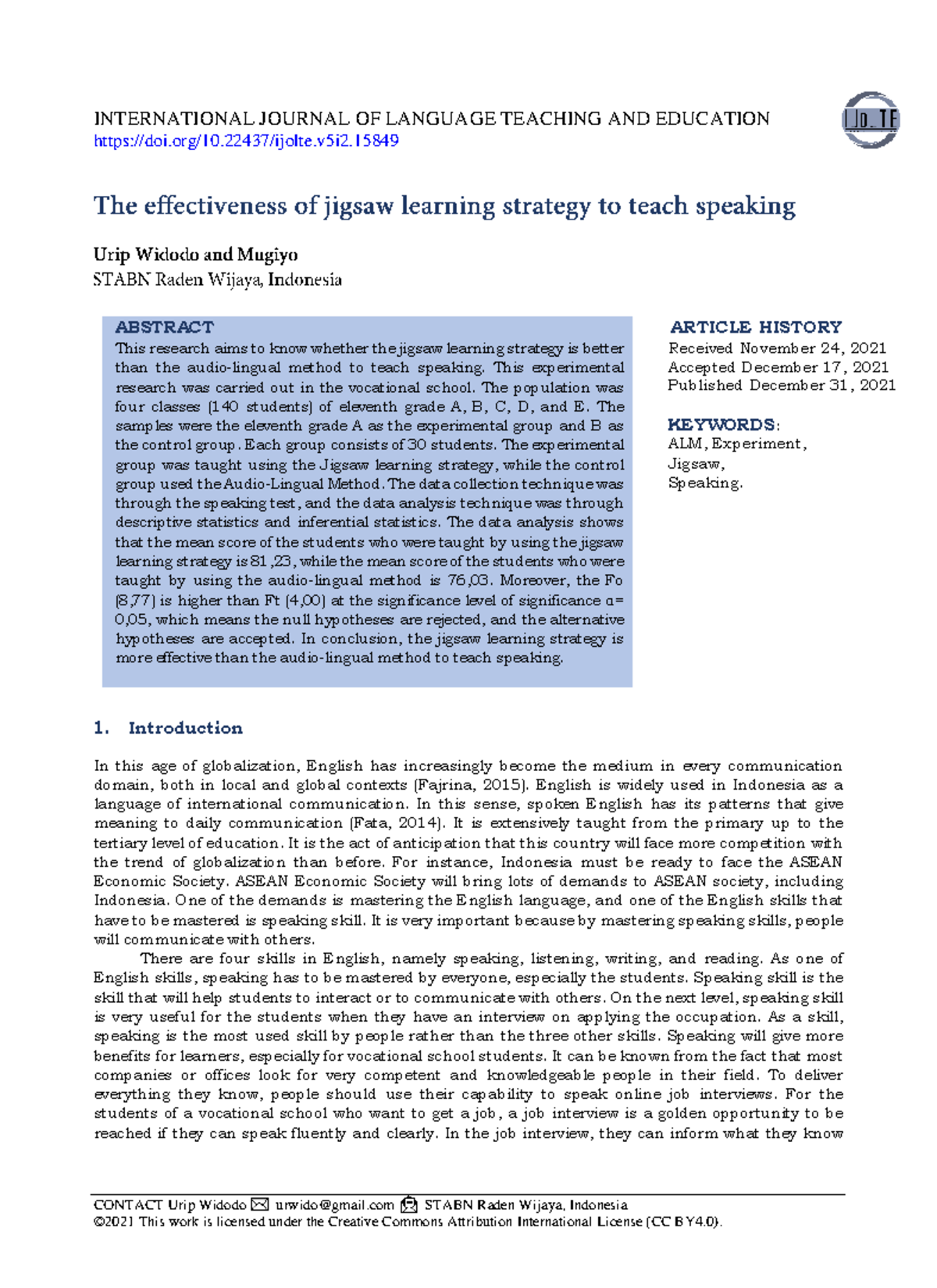 Jigsaw 2 - New teaching style. - CONTACT Urip Widodo urwido@gmail STABN ...