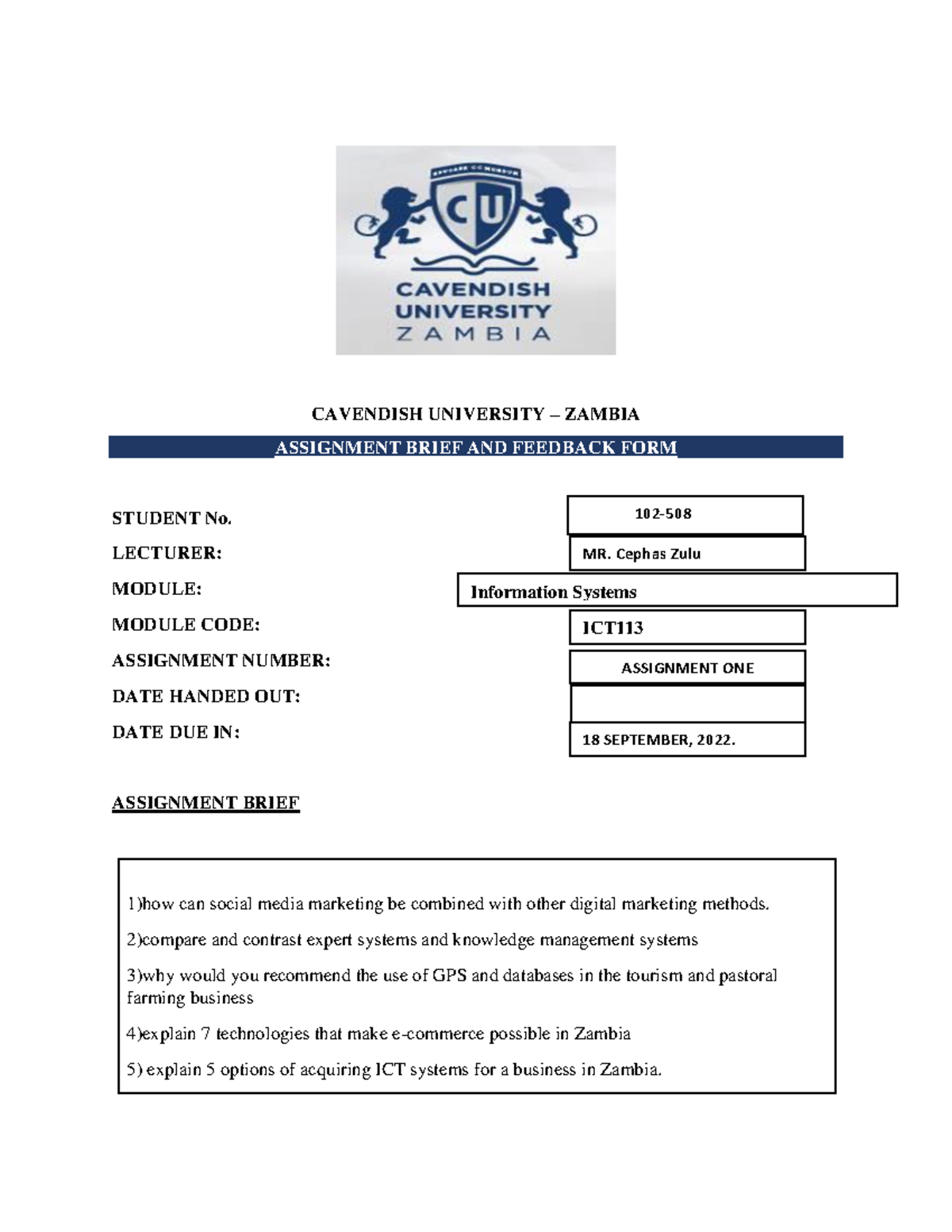 Esther Musonda 102-508 ICT113 Assignment ONE - CAVENDISH UNIVERSITY – ZAMBIA ASSIGNMENT BRIEF ...