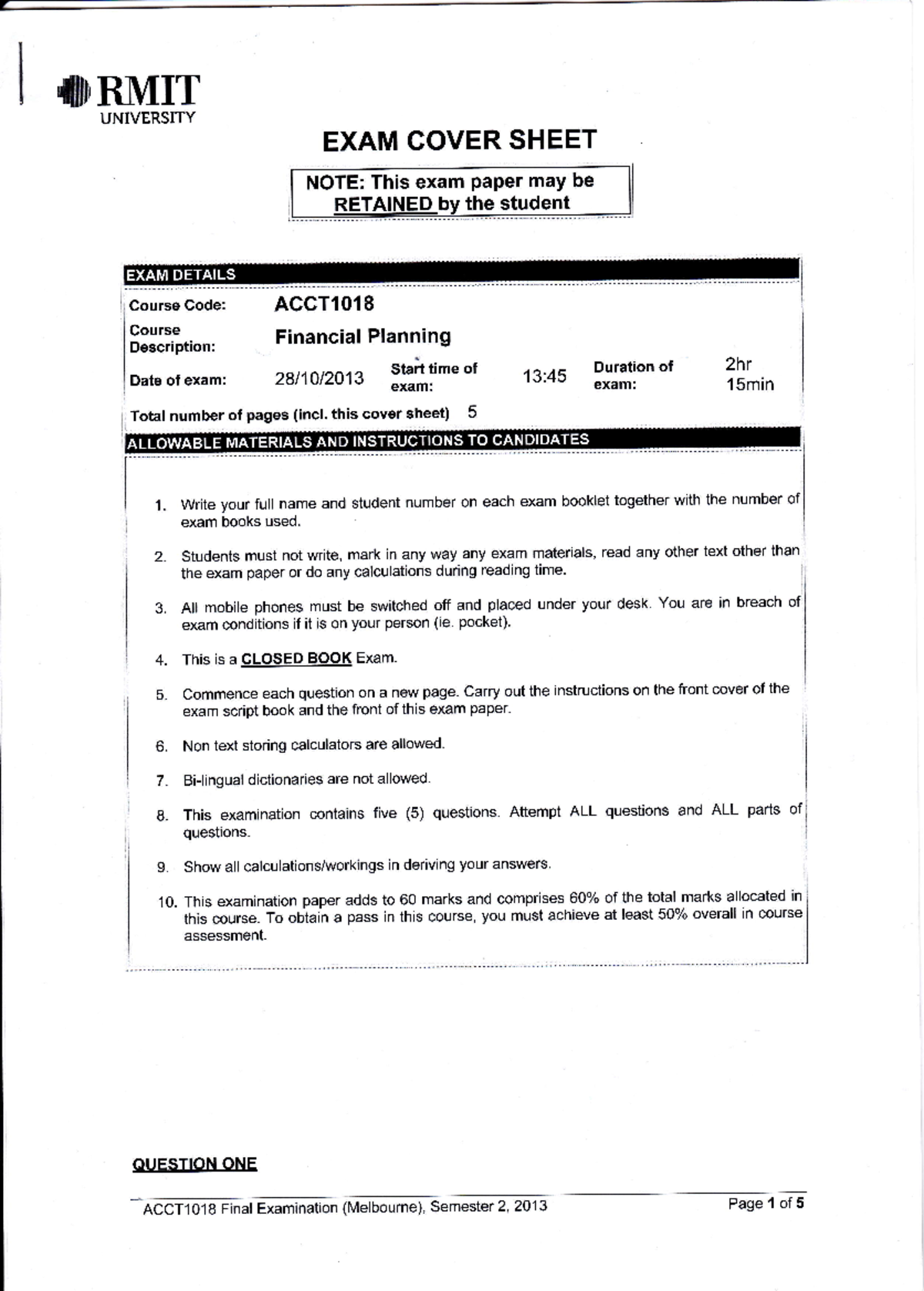 Exam 2013, questions - {}RNIIT UNIVERSIry EXAM COVER SHEET NOTE: This ...