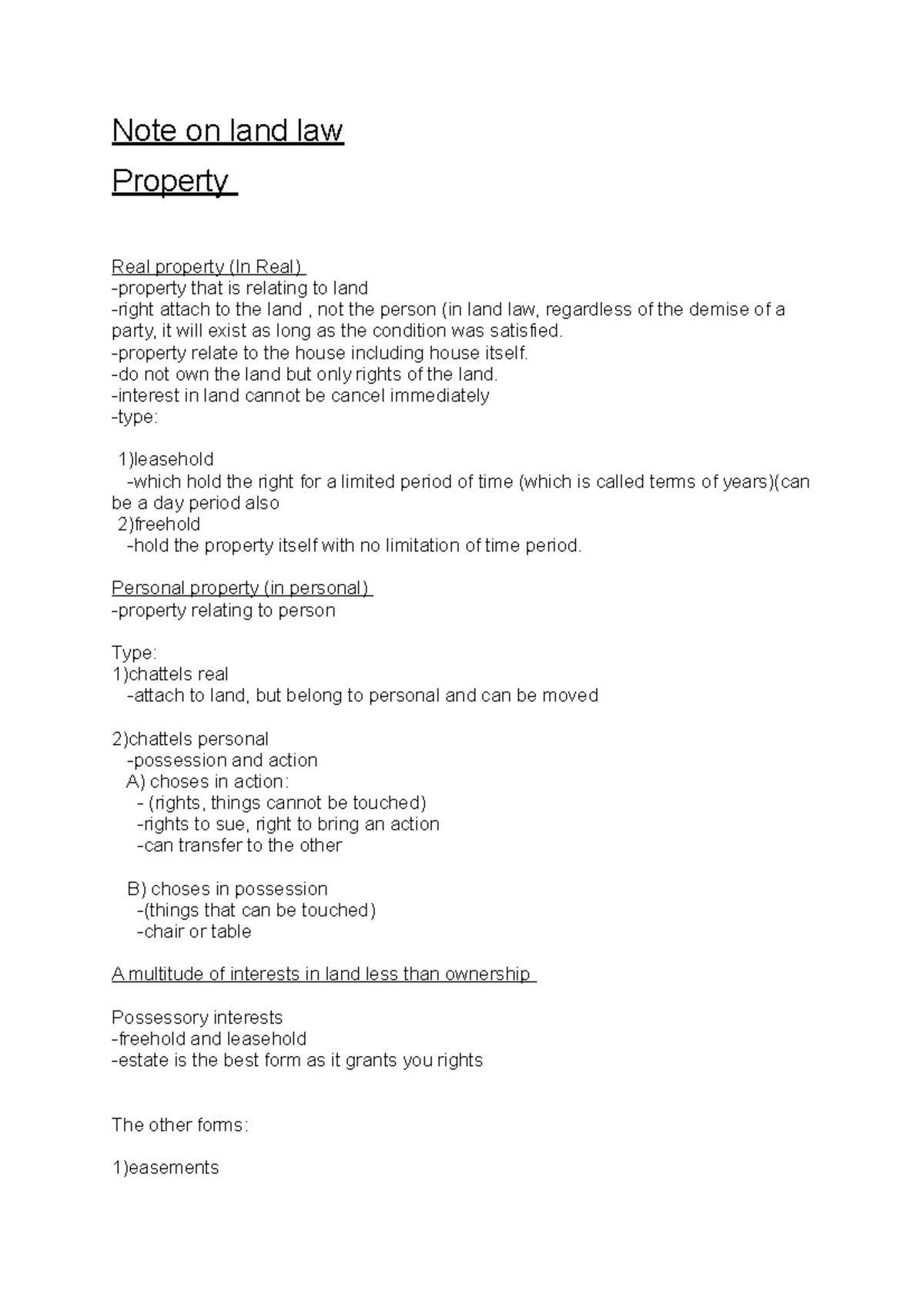 Note on land law - land law of uk - Note on land law Property Real ...