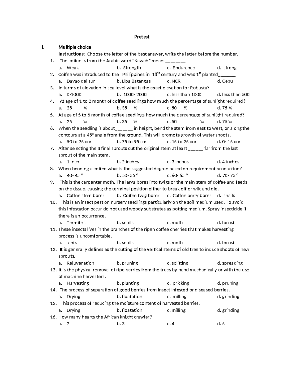 Pretest test for coffee - Pretest I. Multiple choice Instructions ...