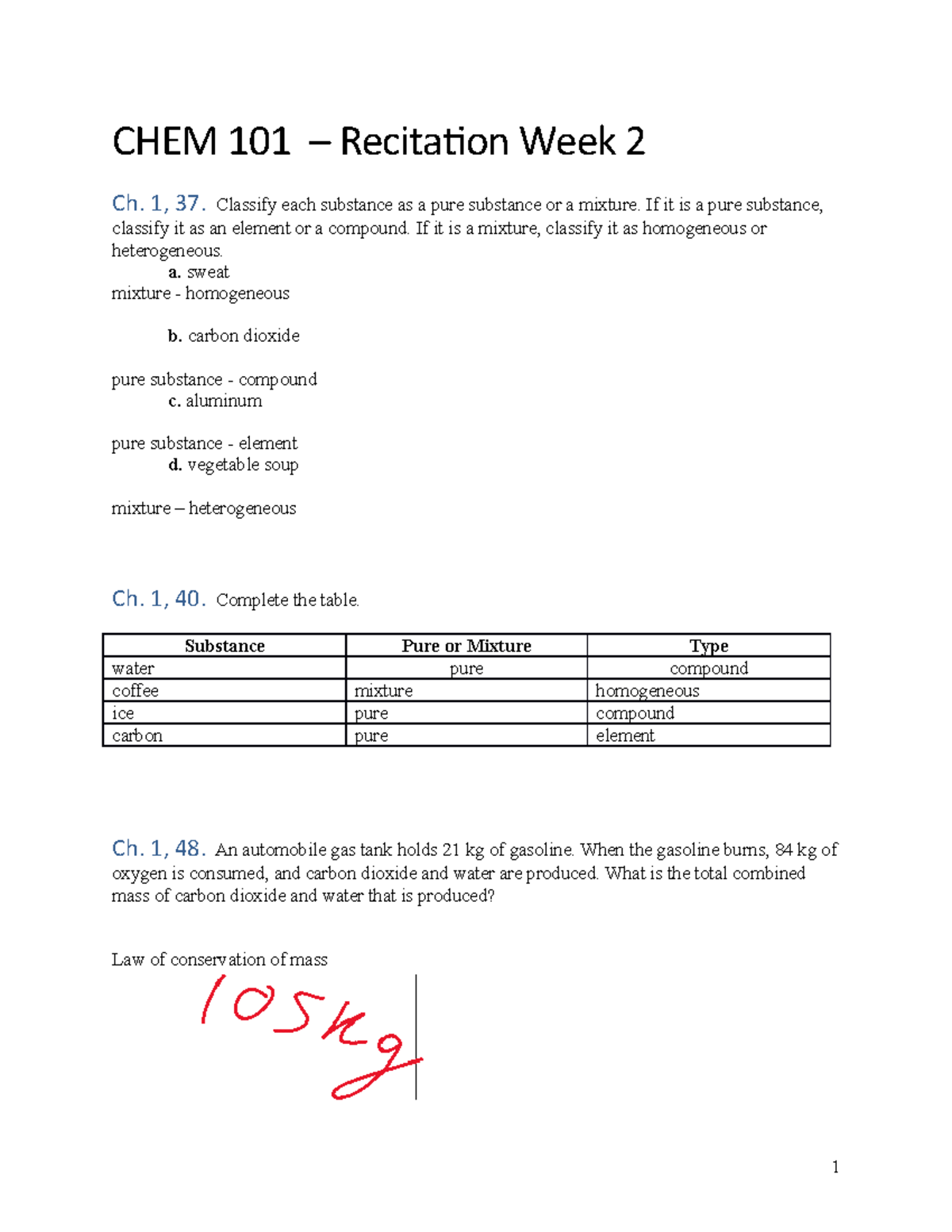 CHEM 101 Recitation Week 2 - CHEM 101 – Recitation Week 2 Ch. 1, 37 ...
