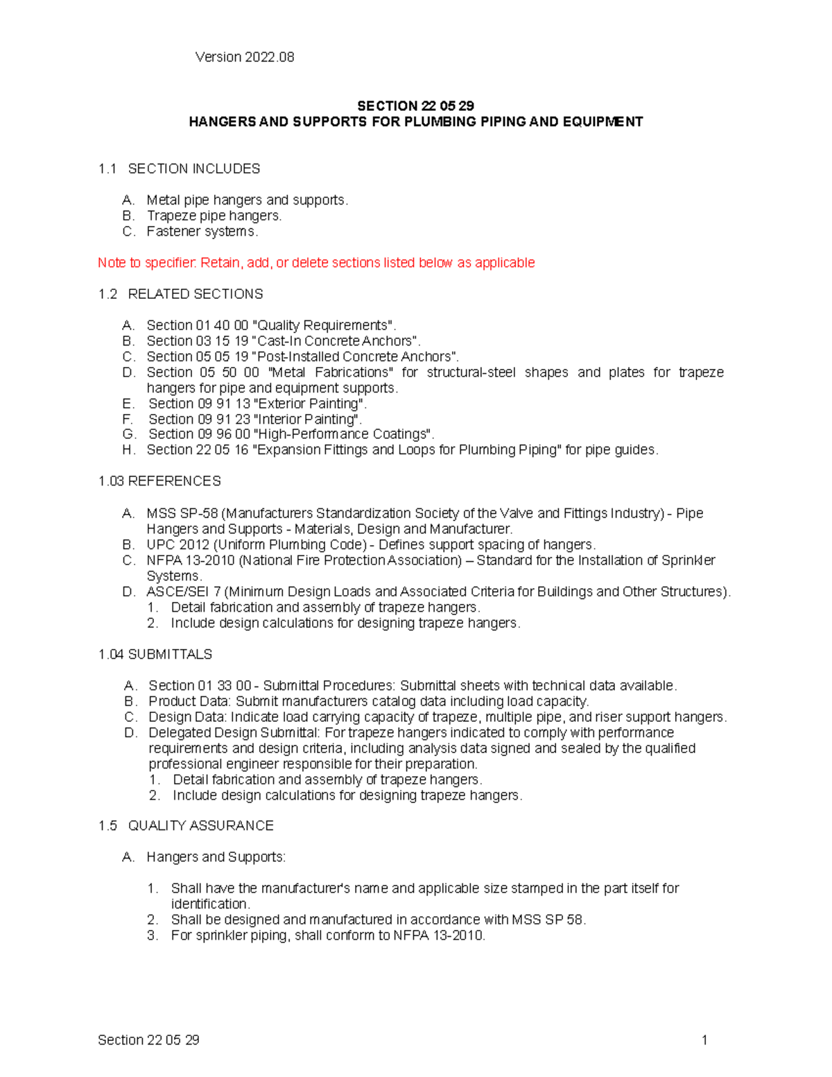Specification Text Asset DOC LOC 1614640 - Version 2022. SECTION 22 05 ...
