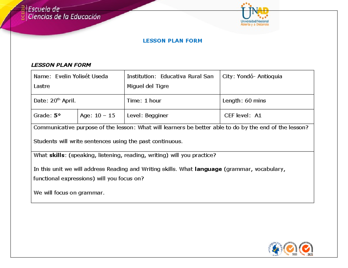 Lesson PLAN 2 Evelin Useda - LESSON PLAN FORM LESSON PLAN FORM Name ...