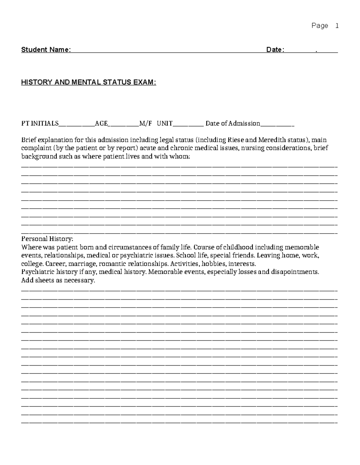 Psychosocial Assessment Form Final - Student Name: Date:. HISTORY AND ...