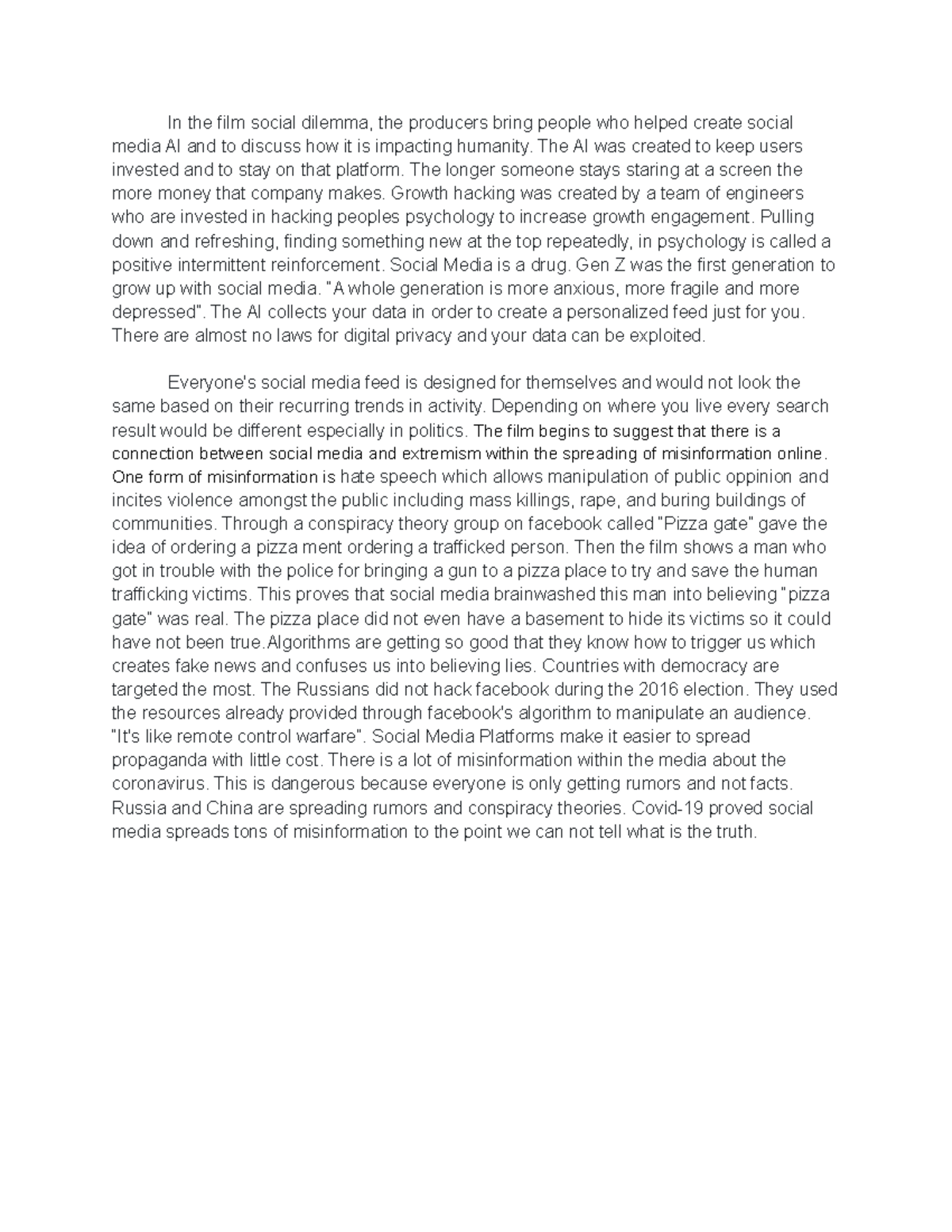 Social dilemma reflection - In the film social dilemma, the producers ...