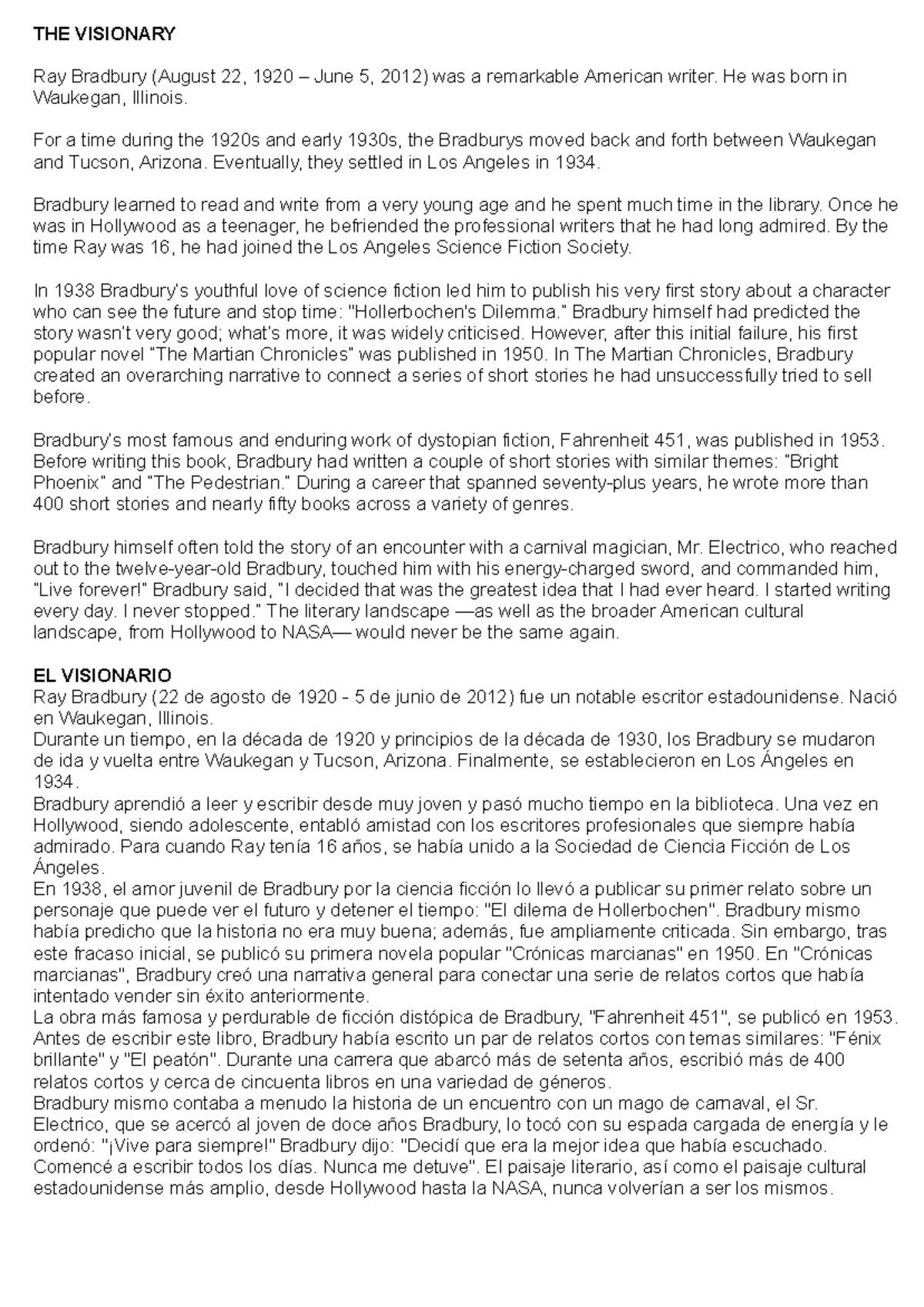 Bradbury part i and ii - THE VISIONARY Ray Bradbury (August 22, 1920 ...