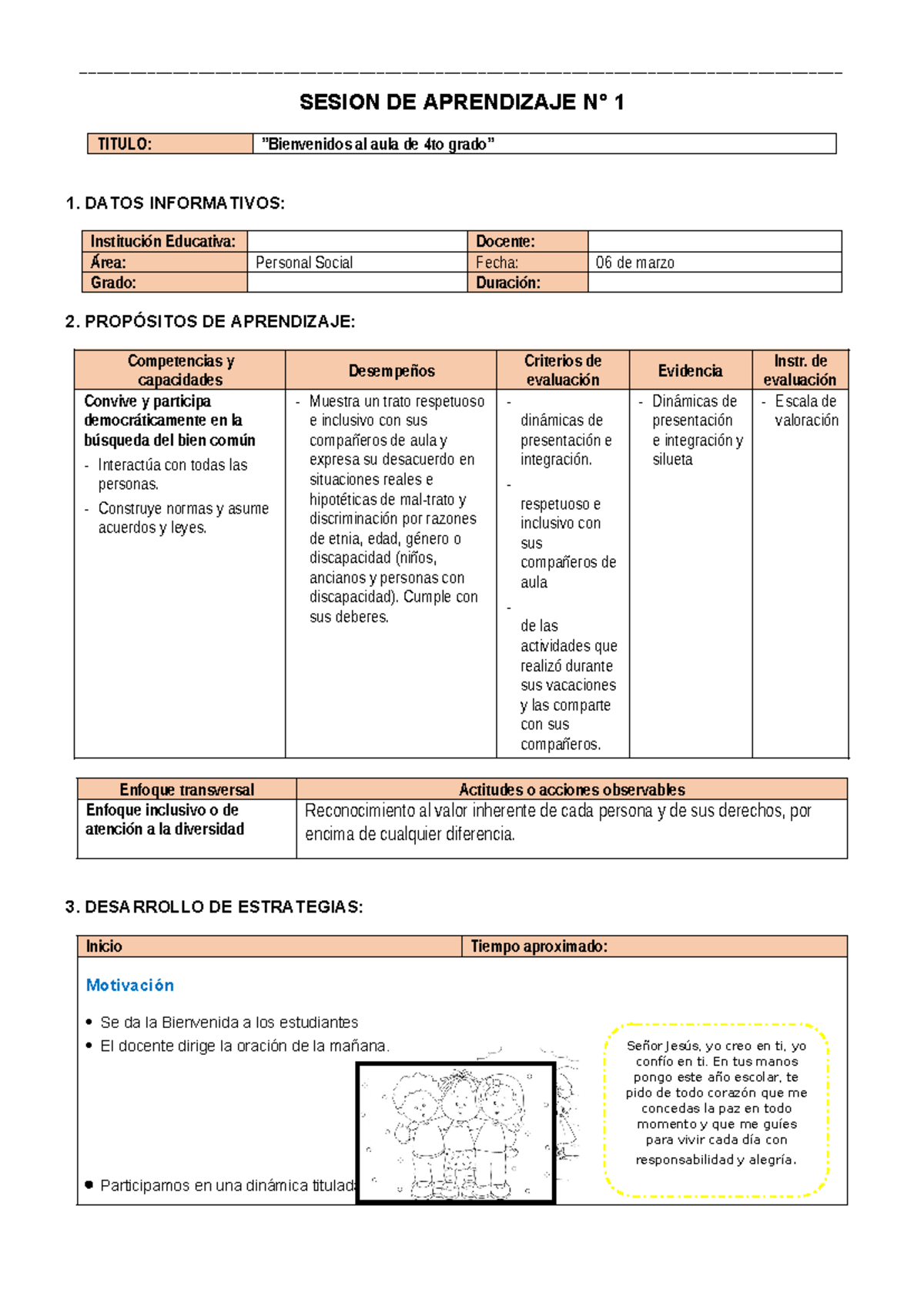 4° Grado - Sesiones - SESION DE APRENDIZAJE N° 1 TITULO: ”Bienvenidos al aula de 4to grado” 1 ...