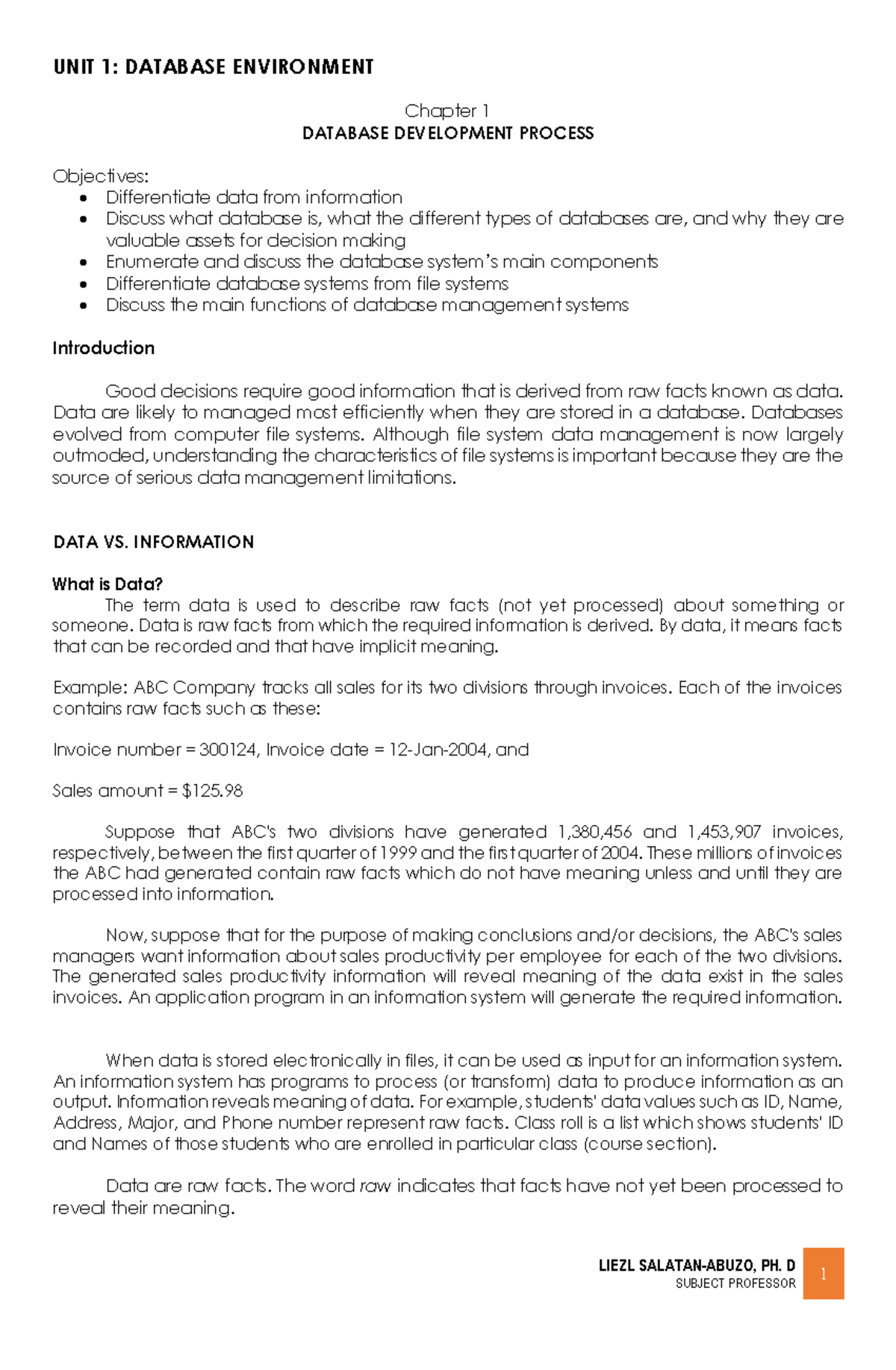 Module 1 Chapter 1 - For Integrated Programming - LIEZL SALATAN-ABUZO, PH. D 1 UNIT 1: DATABASE ...