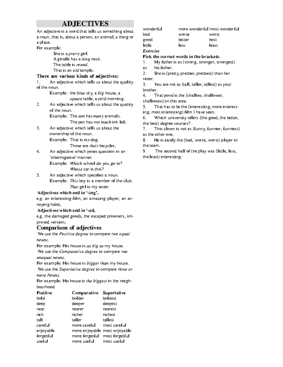 English Practice test- Adjectives - ADJECTIVES An adjective is a word ...